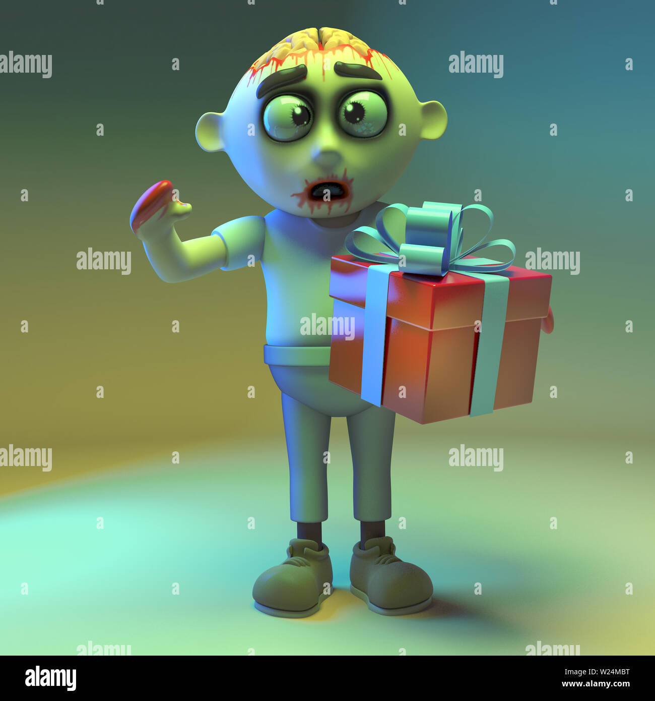 Spooky zombie monster has received a gift wrapped present, 3d ...