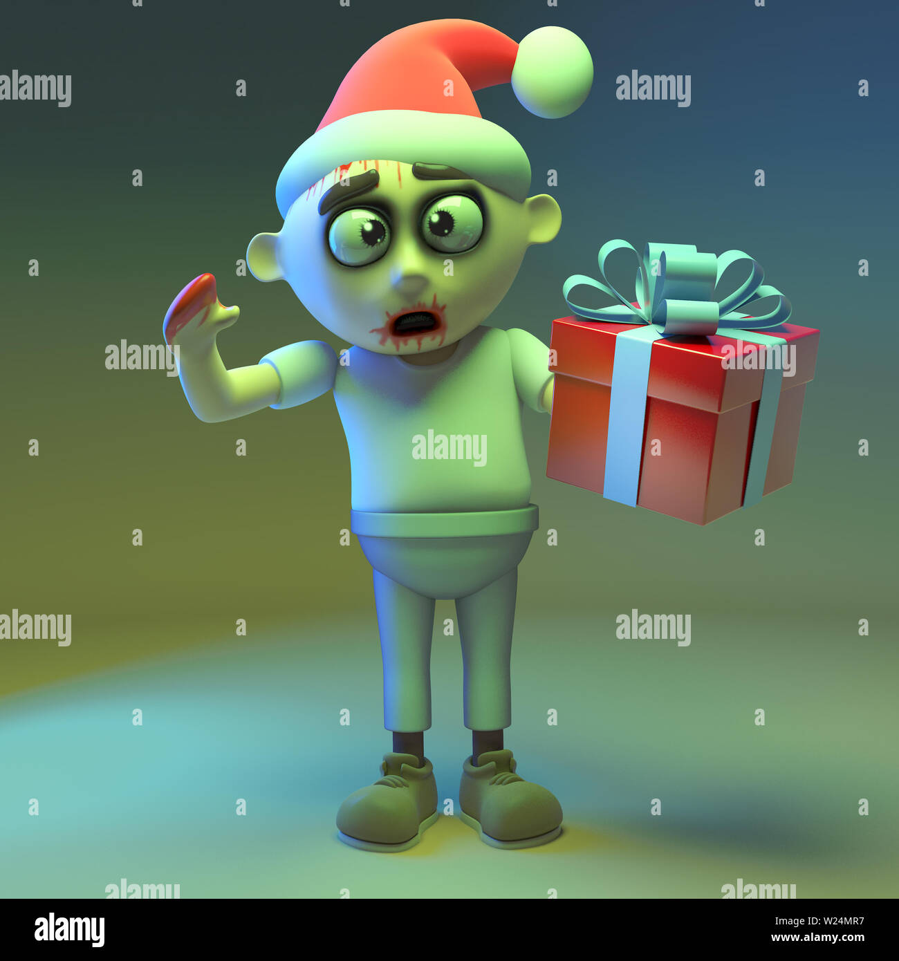 Festive zombie monster wears a santa hat and has a gift wrapped present ...