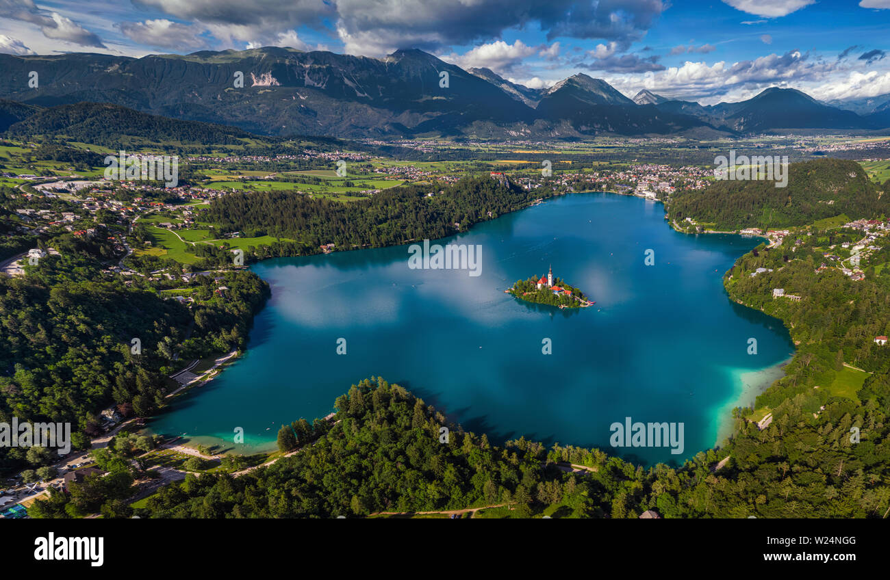 Bled, Slovenia - Aerial panoramic skyline view of Lake Bled (Blejsko ...