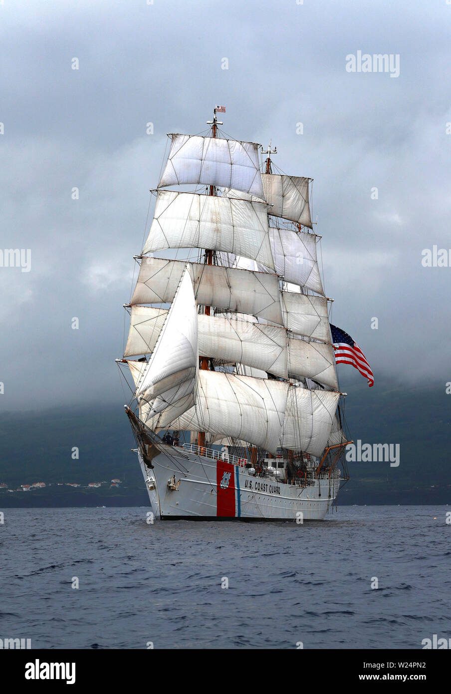 The U.S. Coast Guard Tall Ship Eagle with full sails in the Atlantic ...