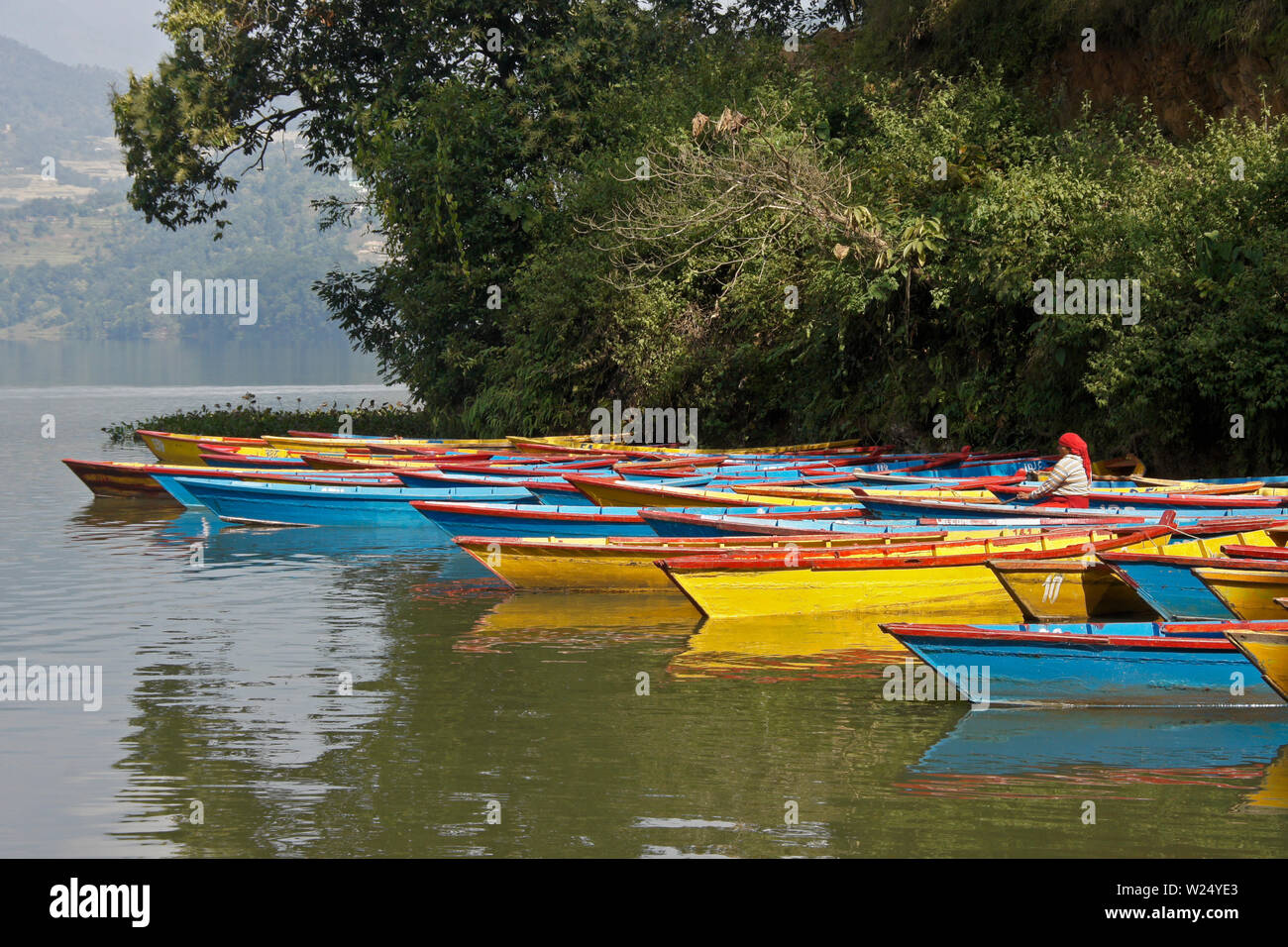 Colorful wood tourist boats on Begnas Tal (Begnas Lake) near Pokhara ...