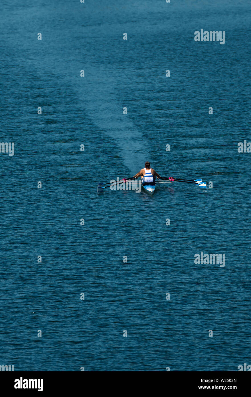 Two Male Rowers In A Double Racing Boat With Synchronous Oar Stroke ...