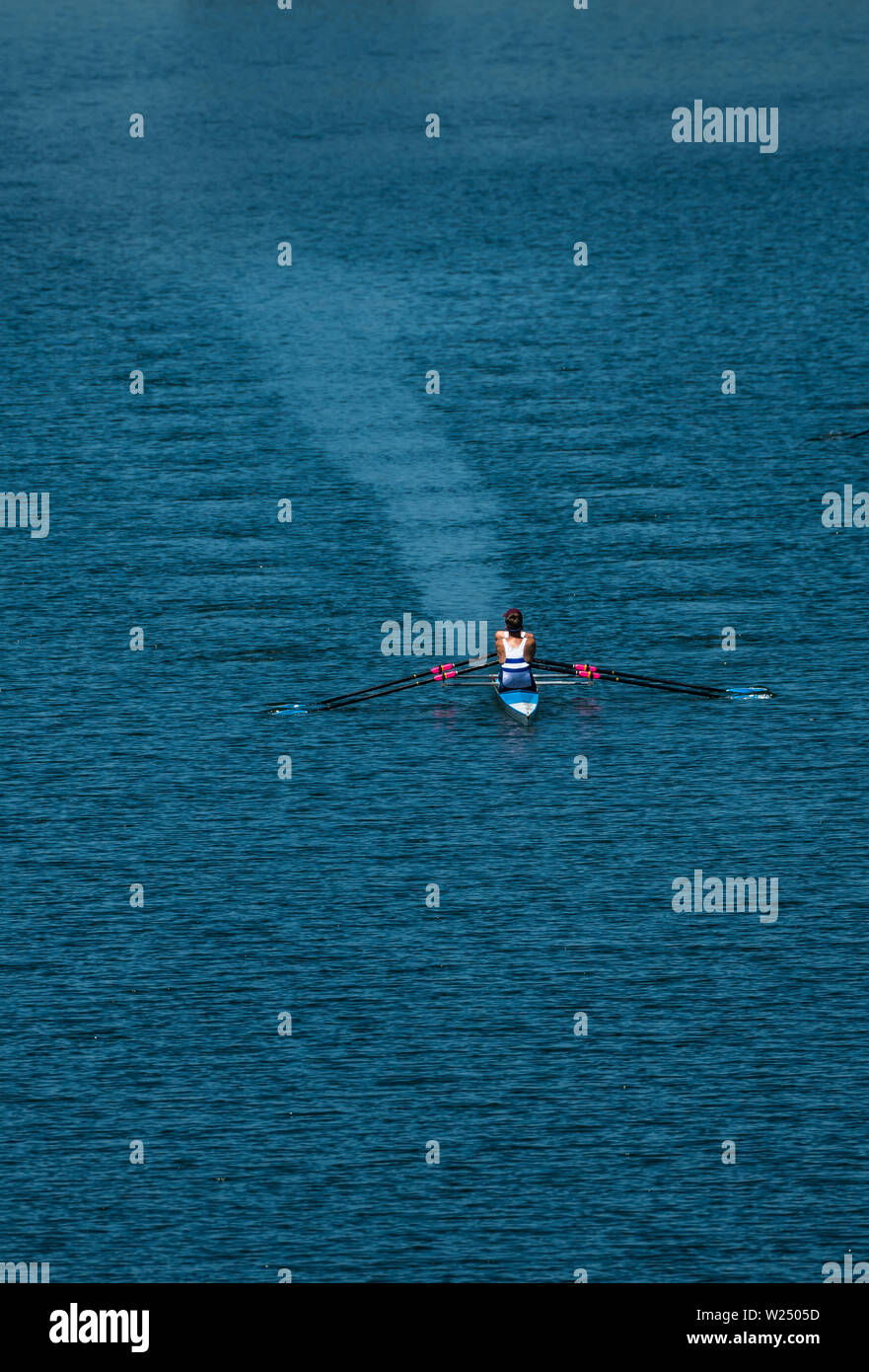 Two Male Rowers In A Double Racing Boat With Synchronous Oar Stroke ...