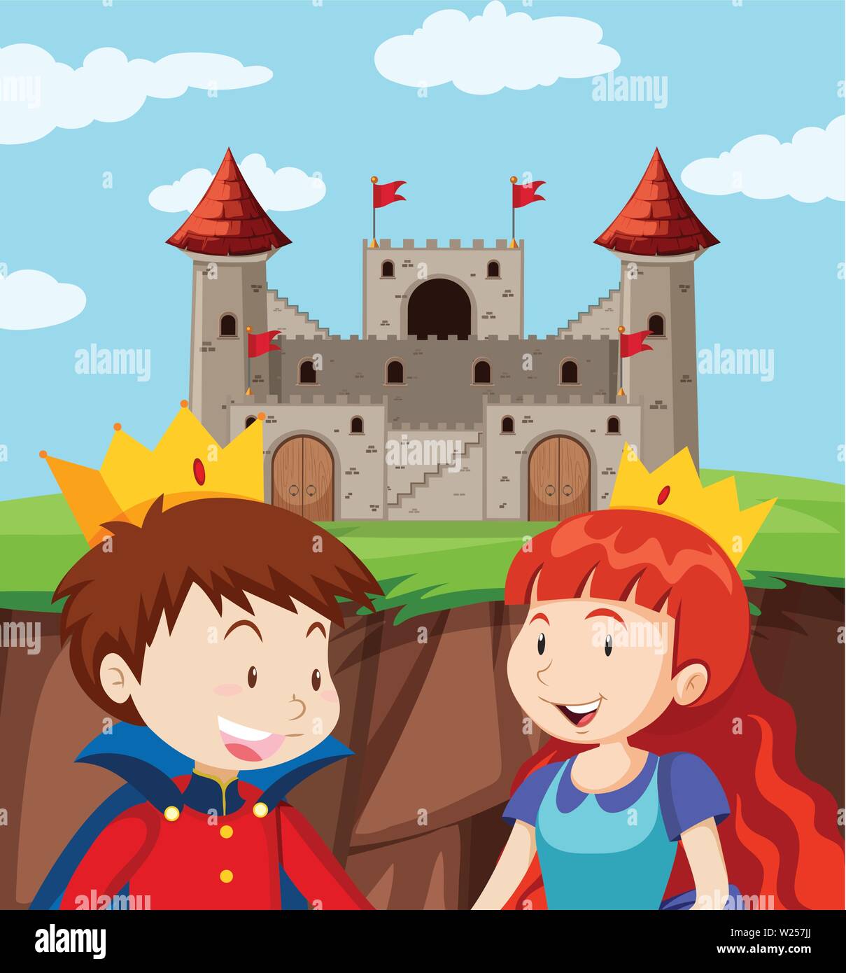 Happy prince and princess at castle illustration Stock Vector Image ...