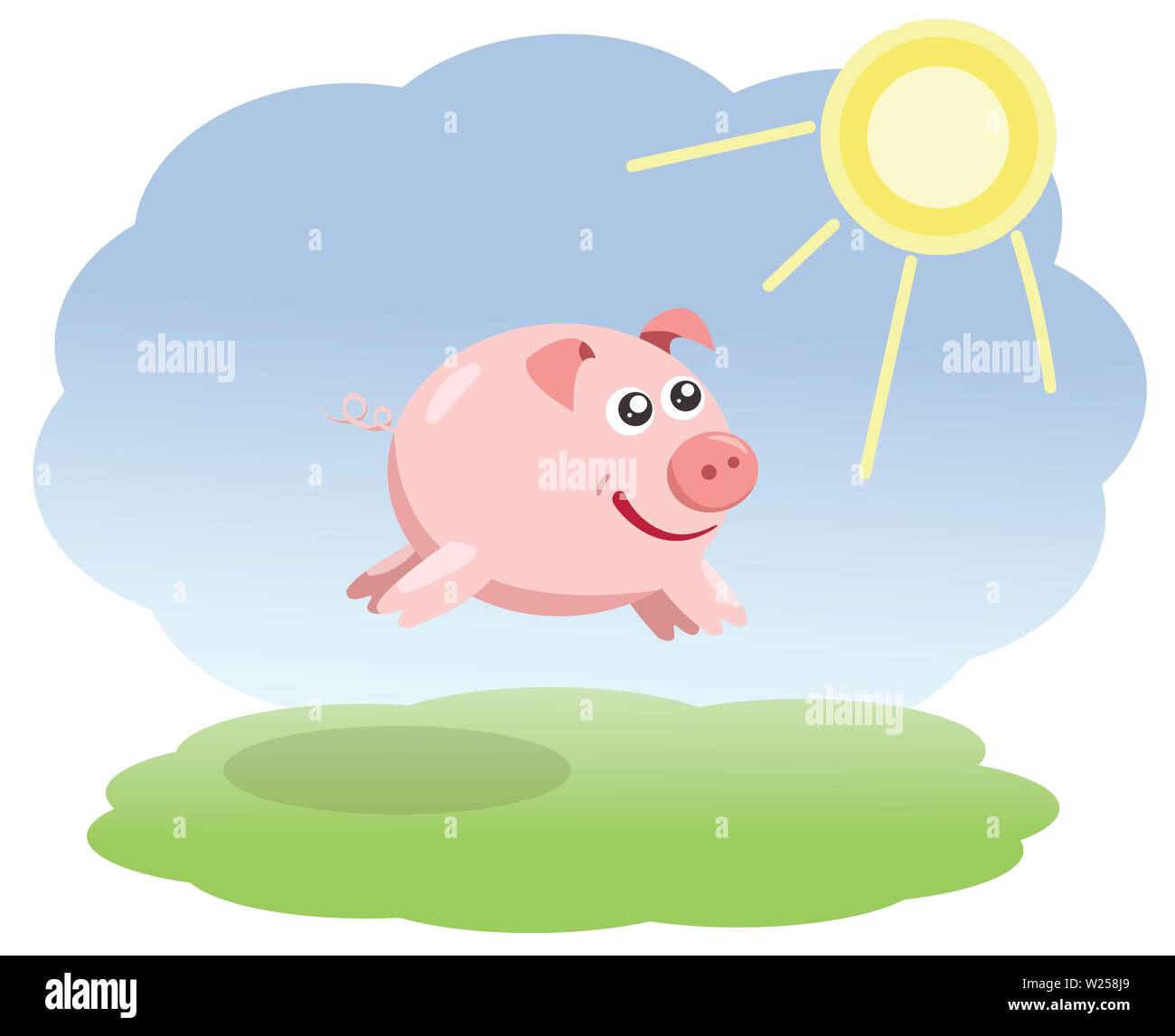 the color pink happy pig running jumping vector illustration on a green ...