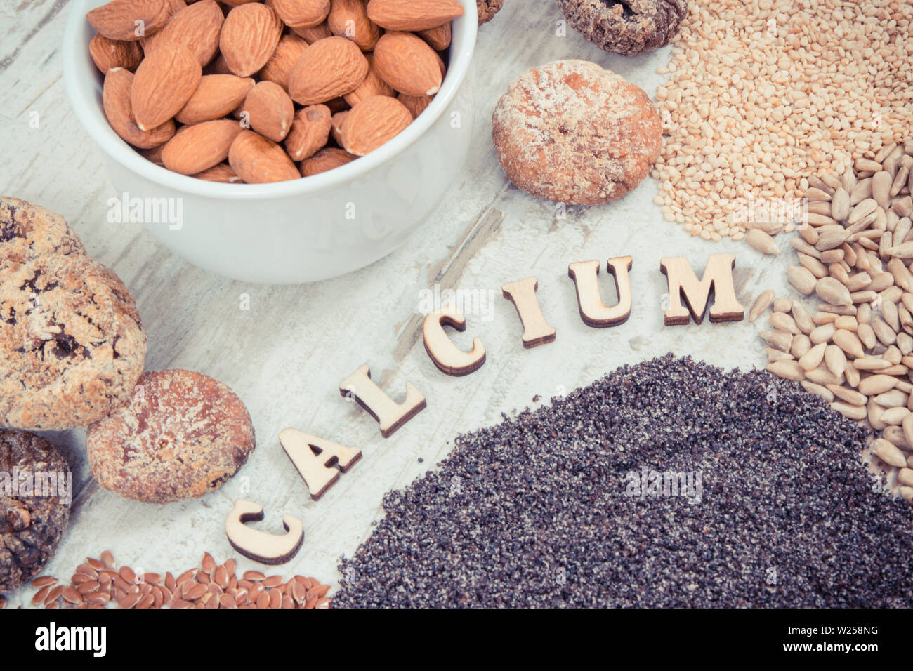 Vintage photo, Ingredients or products containing calcium and dietary ...
