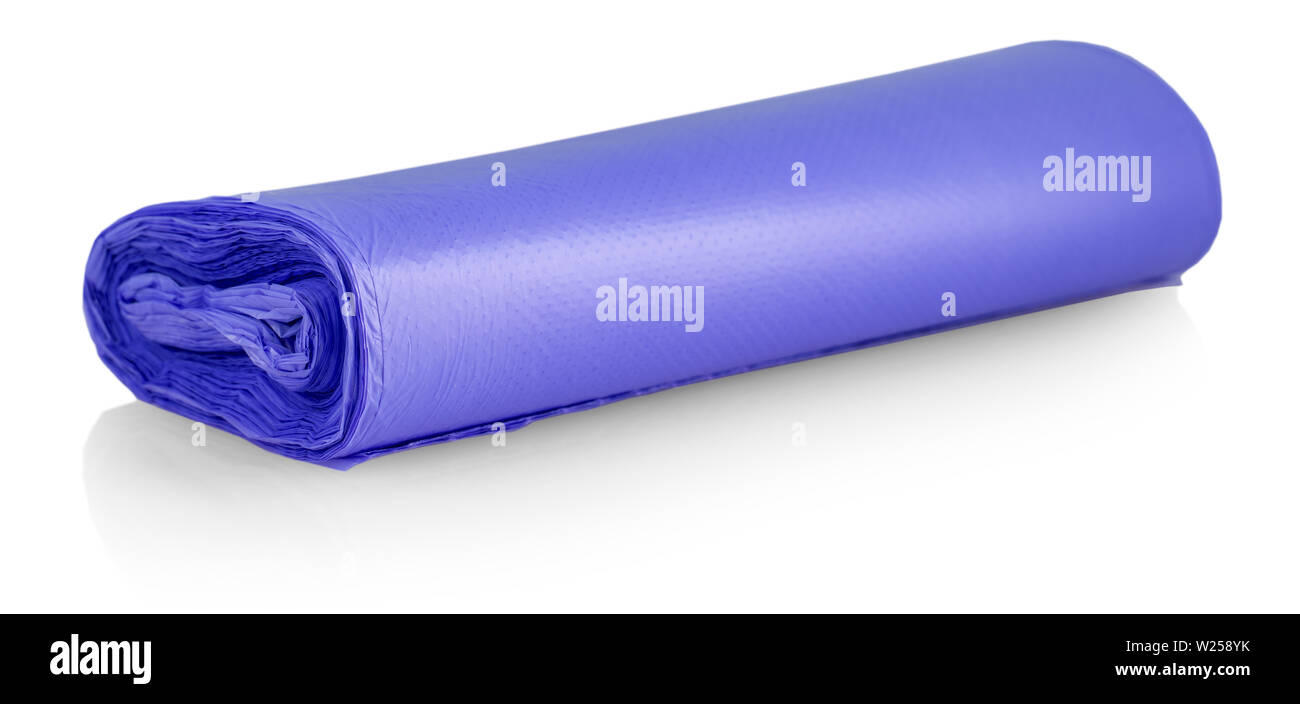 Blue roll of plastic garbage bags isolated on white background Stock ...