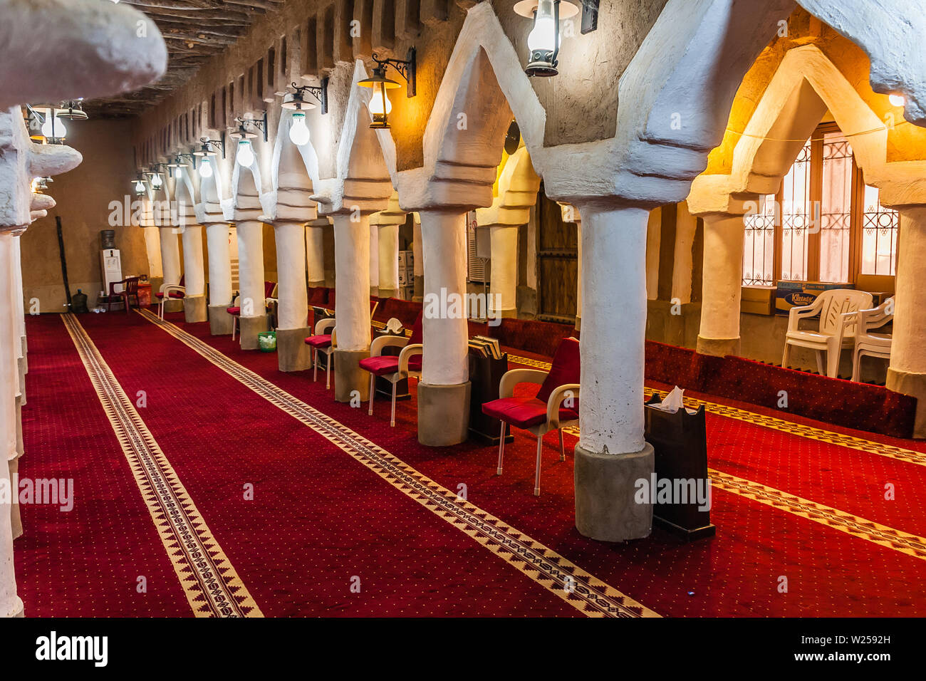 The interior of the restored mud brick mosque in the Ushaiqer Heritage ...
