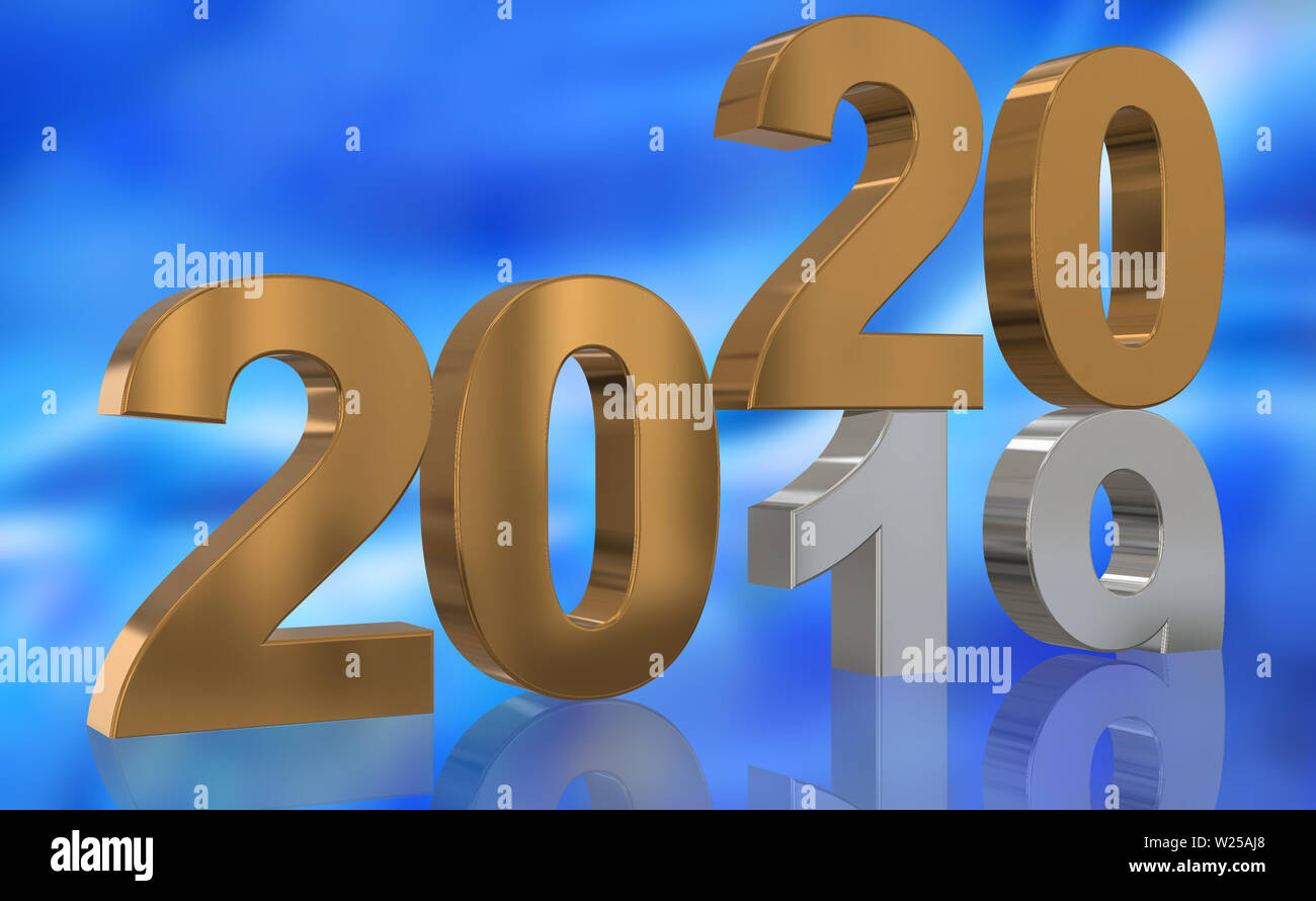 3D render turn of the year 2019 to 2020 in golden and silver numbers in ...