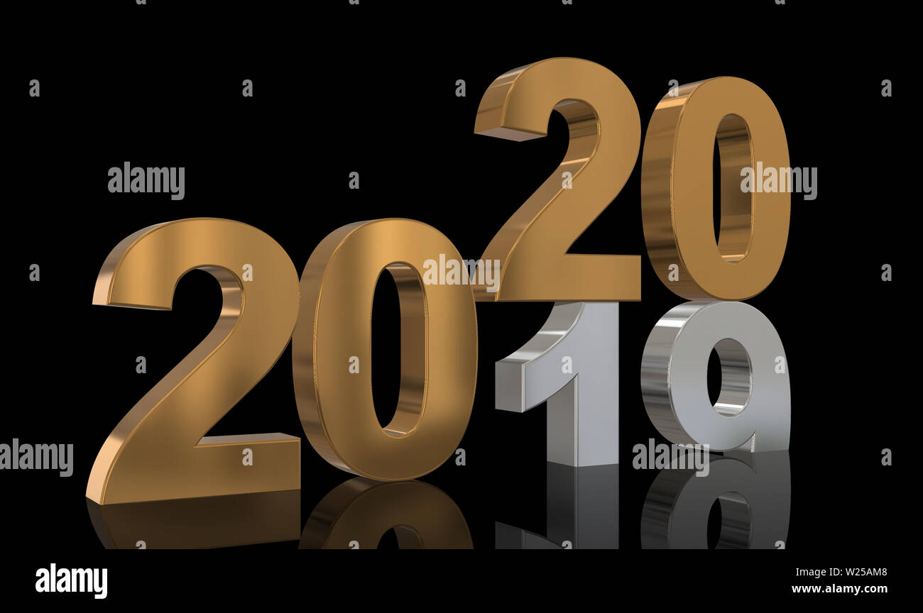 3D Render Turn of the Year 2019 to 2020 in golden and silver numbers in ...