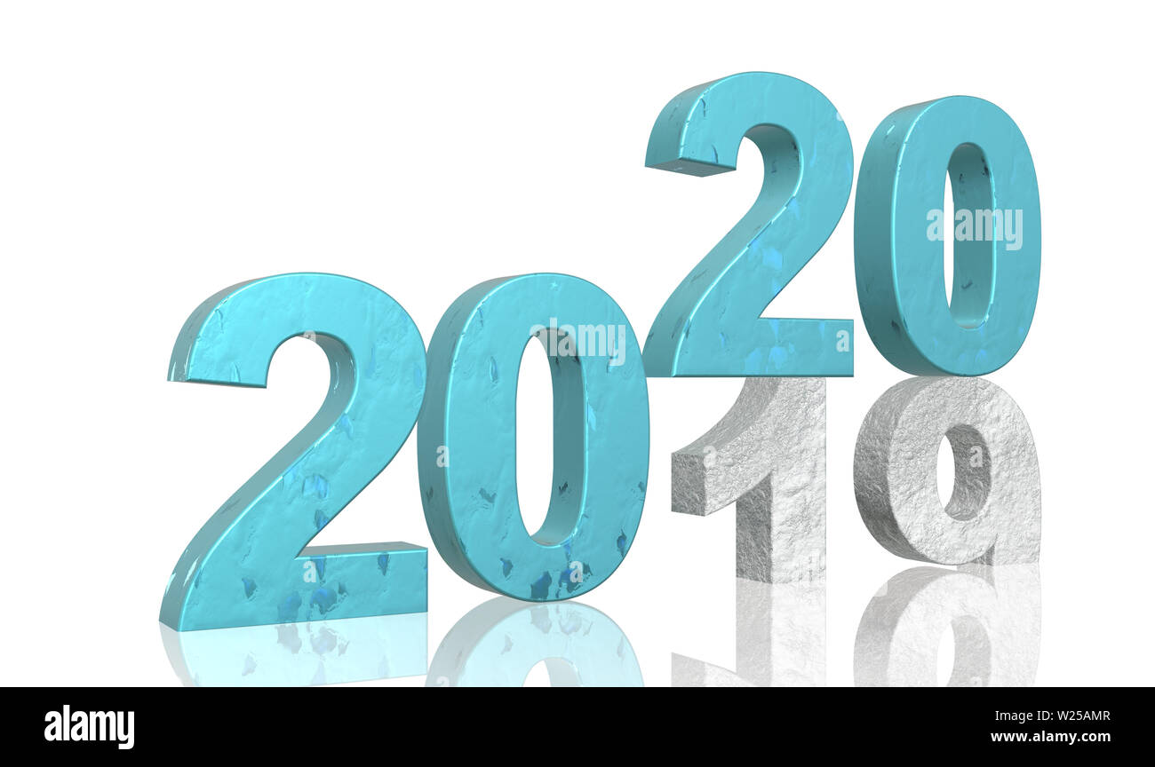 3D Render Turn of the Year 2019 to 2020 in turquoise and white ...