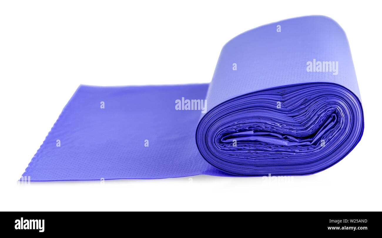 Blue roll of plastic garbage bags isolated on white background Stock ...