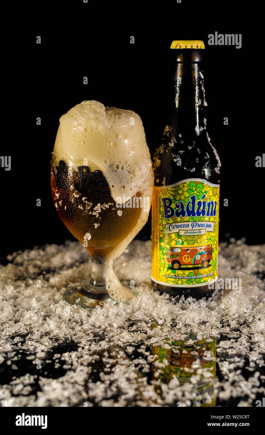 Peniscola, Castellon, Spain, May 08, 2019: Badum beer bottle and a ...