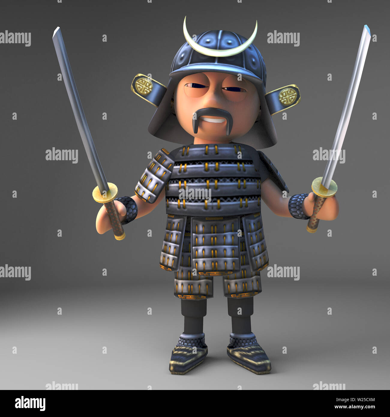 Noble Japanese samurai warrior with two katana swords drawn, 3d ...