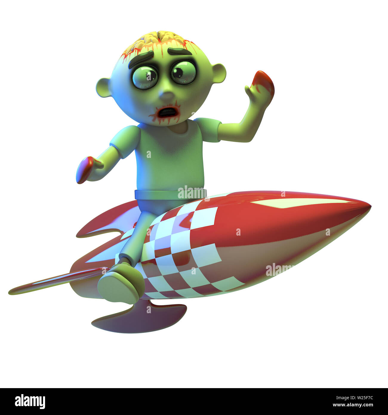 Scared zombie monster riding a space rocket, 3d illustration render ...