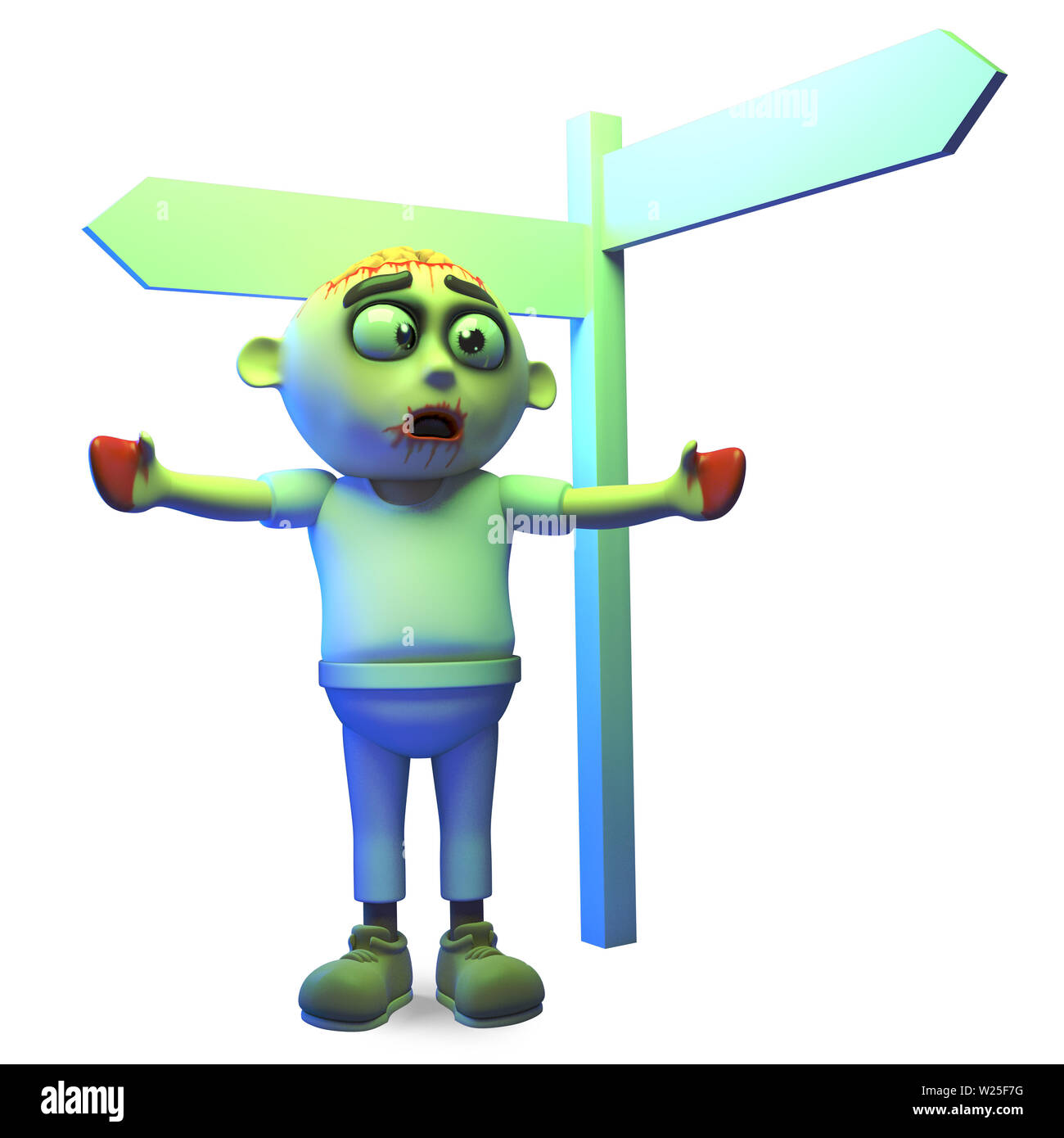 Poor lost zombie monster can't read the signposts, 3d illustration ...