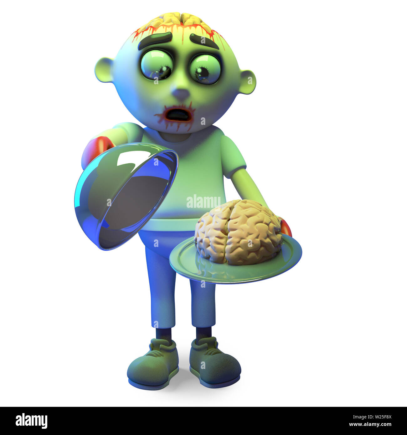 Spooky zombie monster serves brains for dinner, 3d illustration render ...