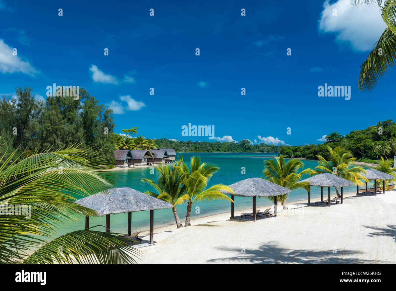 Tropical resort destination in Port Vila, Efate Island, Vanuatu, with beach and palm trees Stock ...