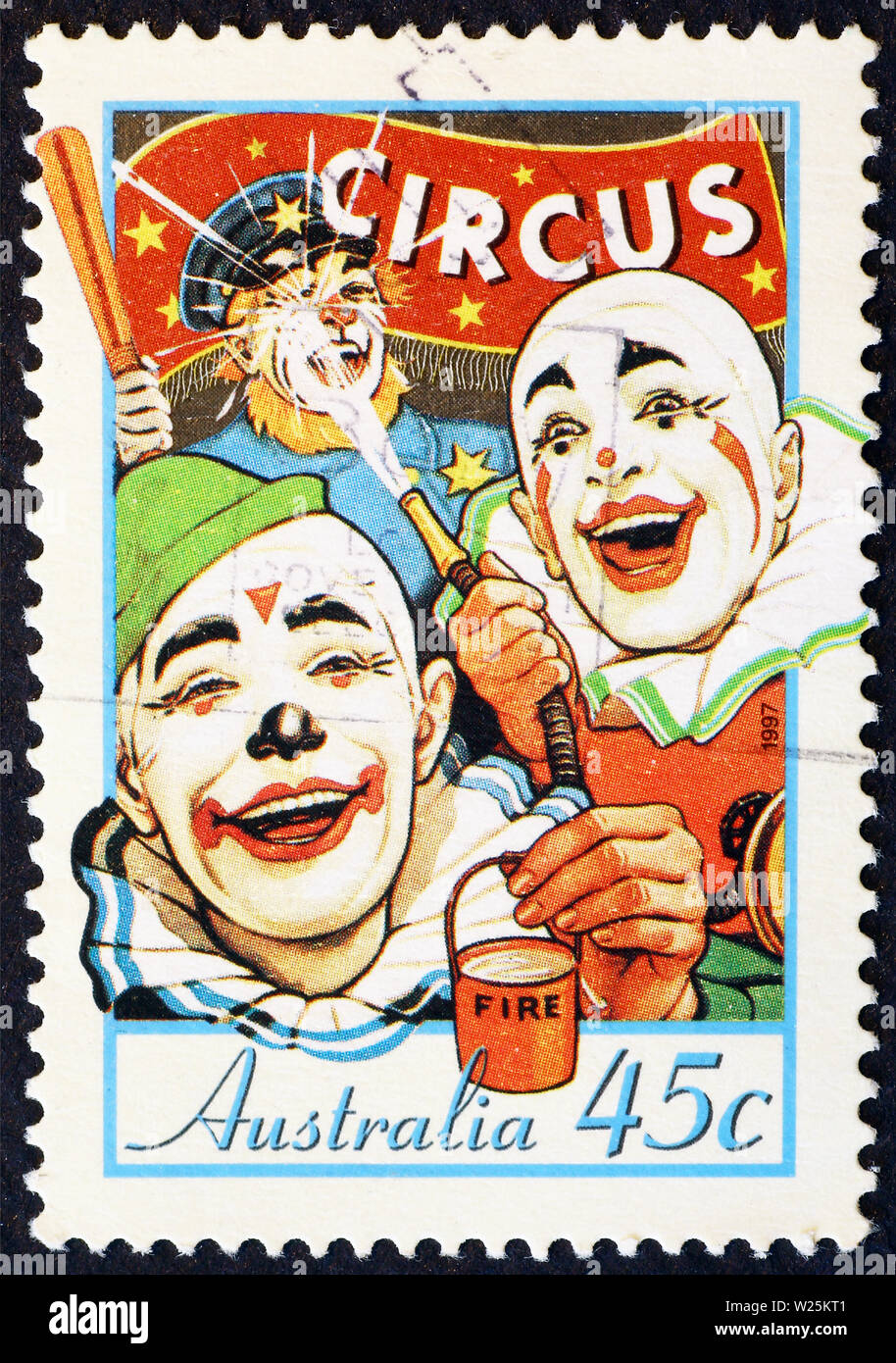 Australian stamp with clowns of circus Stock Photo - Alamy