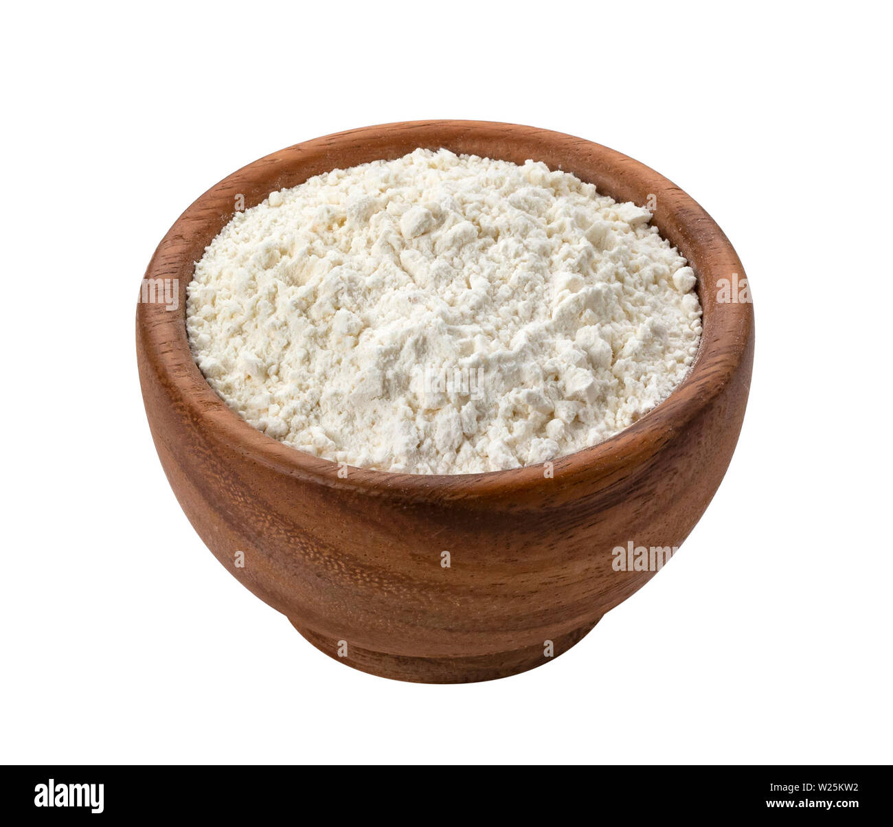 Brown wooden bowl with dry flour powder isolated on white background ...