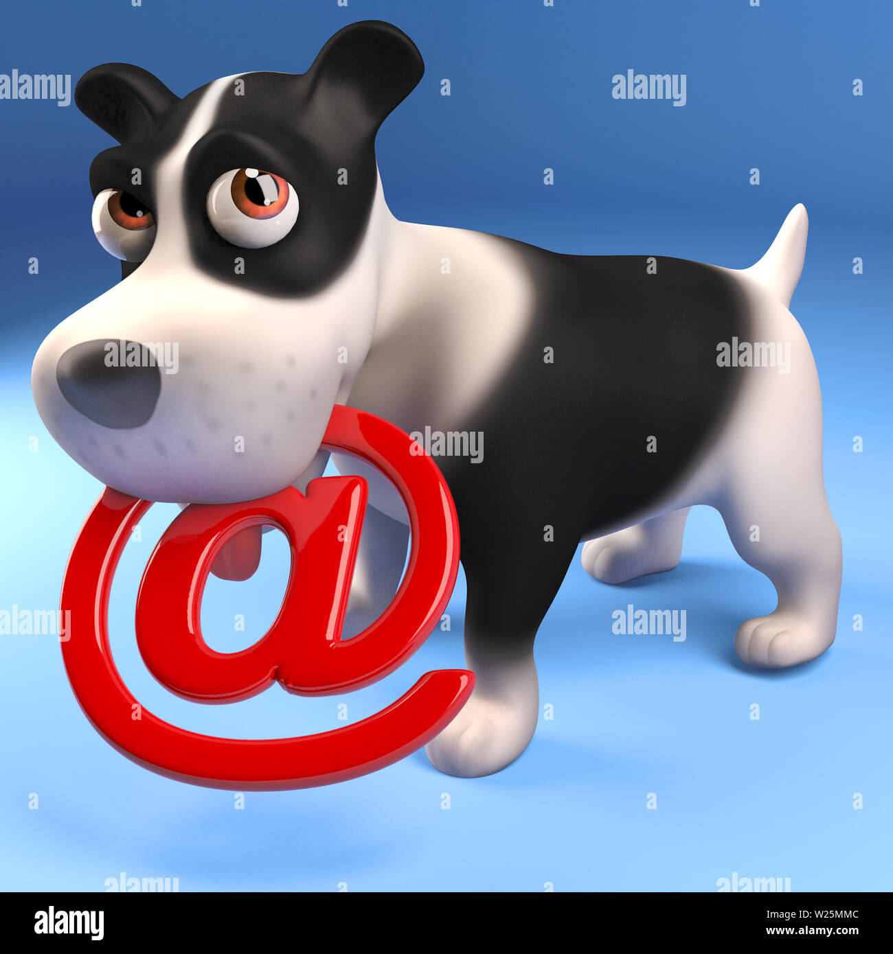 Funny puppy dog holds an email address symbol in his muzzle, 3d ...