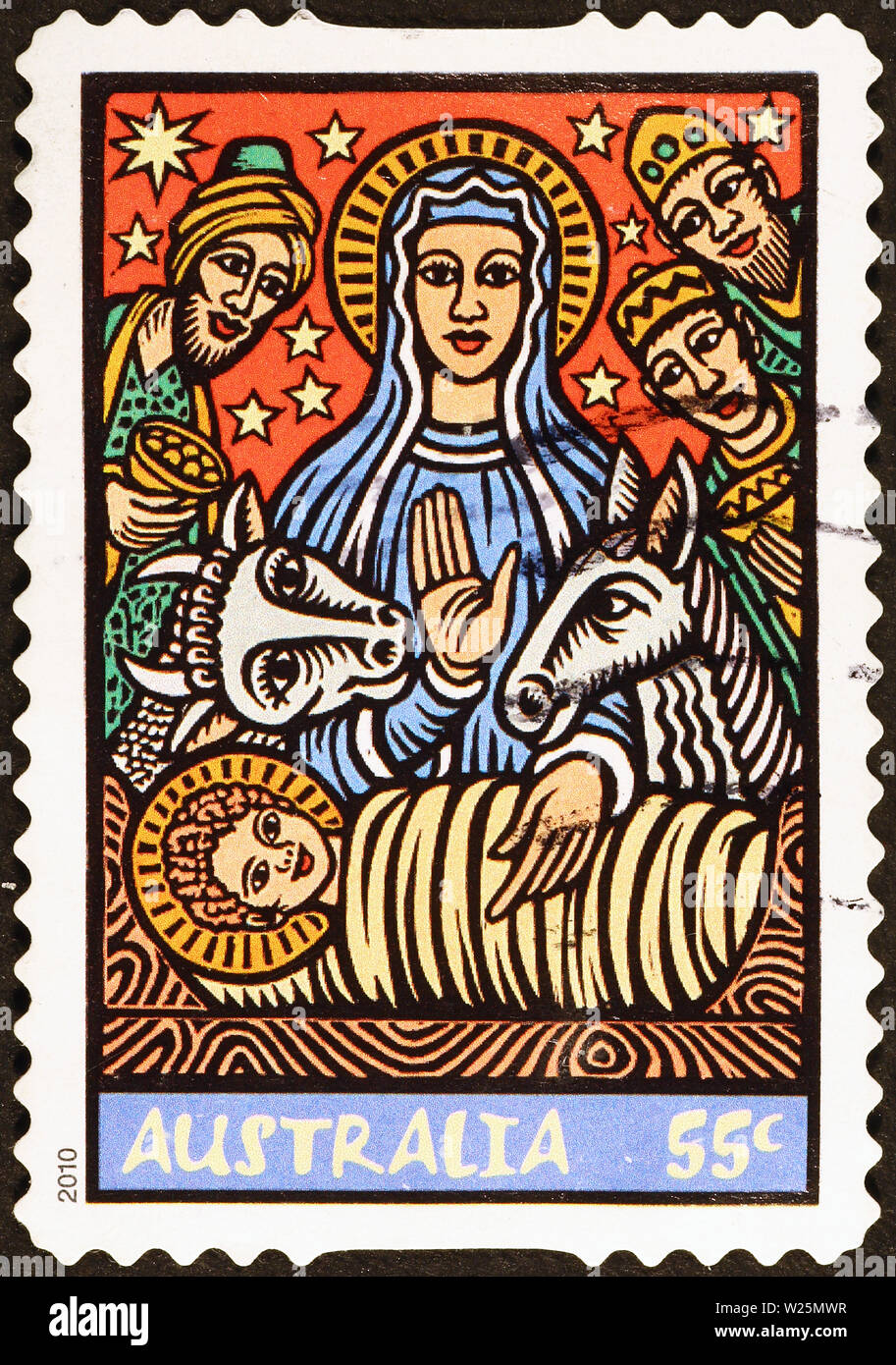 Mary, Jesus child and three wise men on australian postage stamp Stock ...