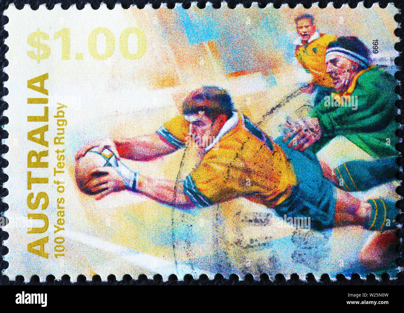 Rugby players on australian postage stamp Stock Photo - Alamy