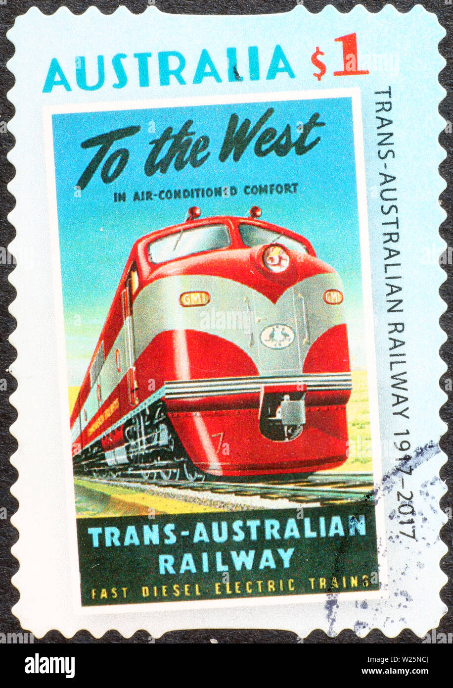 Vintage poster of trans-australian railway on postage stamp Stock Photo ...