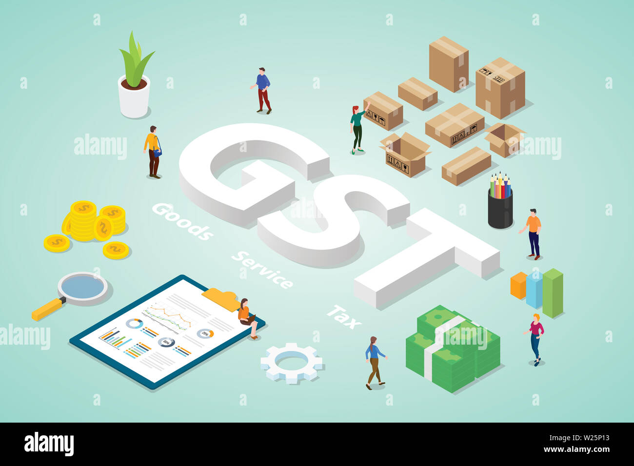 gst goods service tax with big words and people team business with ...