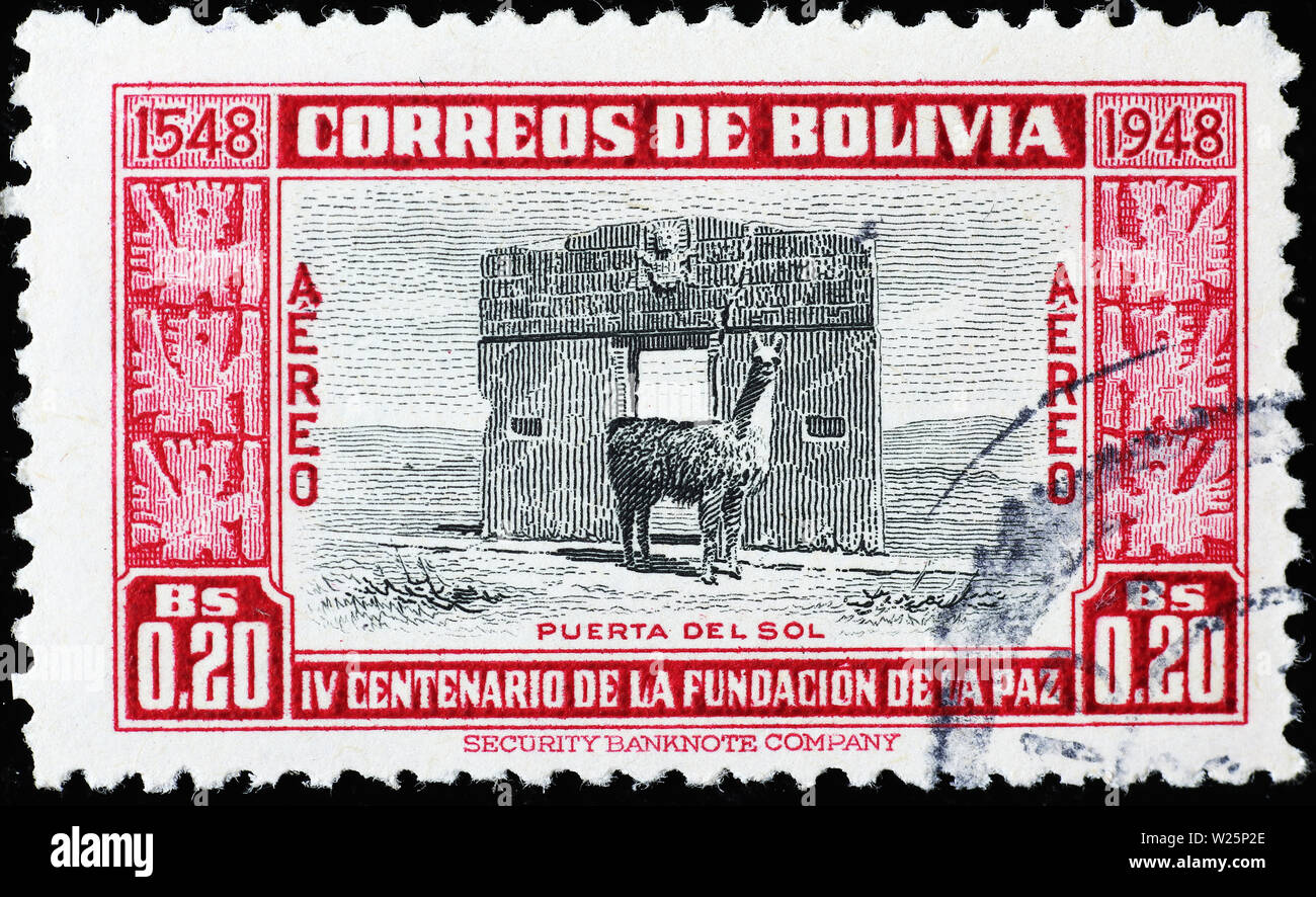 Pre-hispanic monument and Llama on vintage bolivian stamp Stock Photo ...