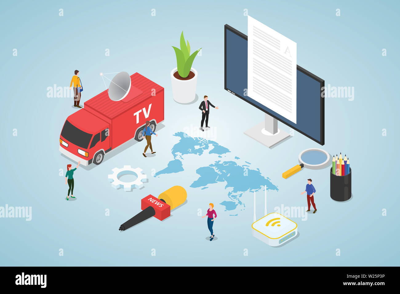 news and media concept template with tv van and news anchor mic with ...