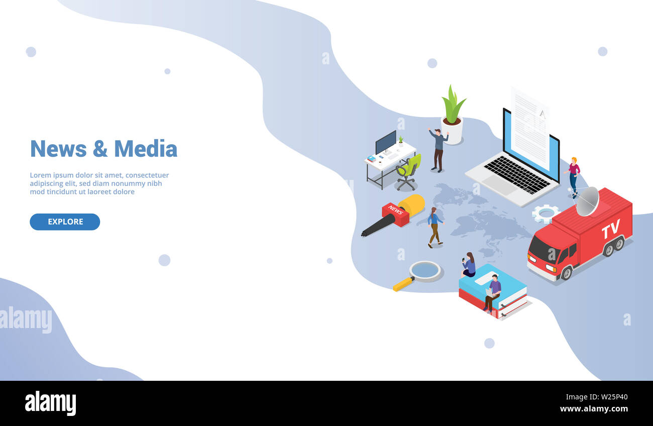 news and media concept template with tv van and news anchor mic with ...