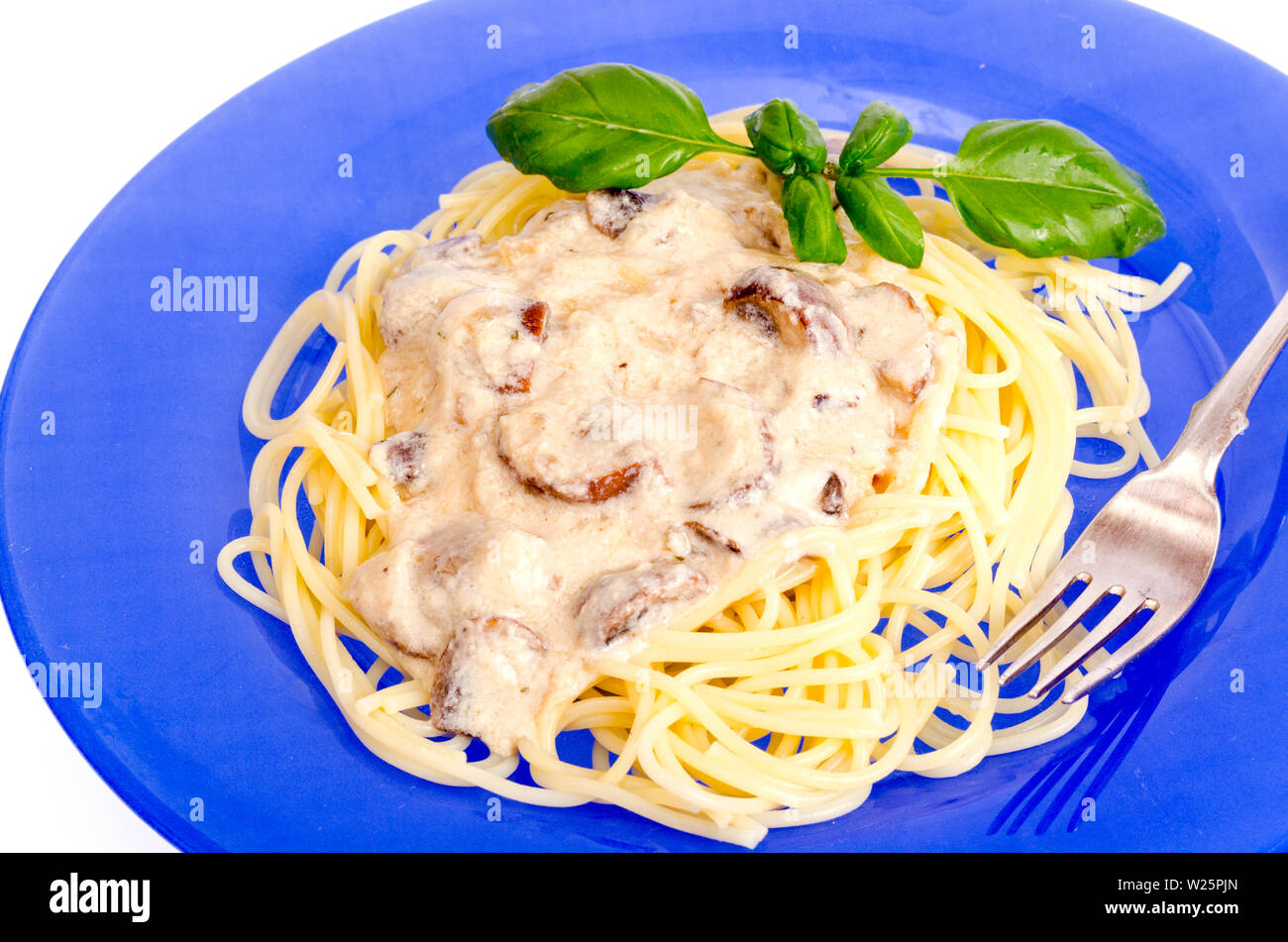 Blue plate with spaghetti and mushroom sauce Stock Photo - Alamy