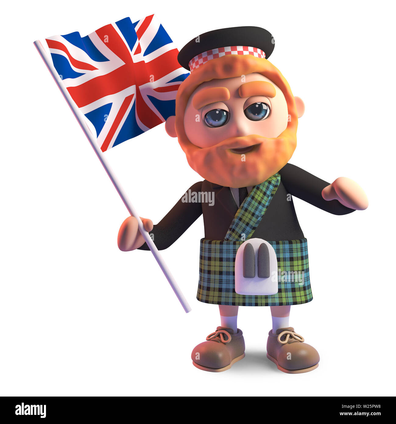 Scottish man in kilt waving the British Union Jack flag, 3d ...