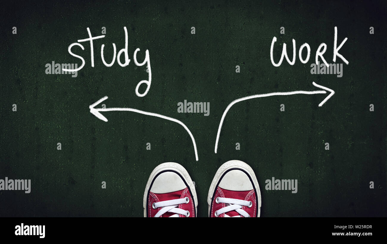 red shoes standing at the crossroad between work or study choices Stock ...