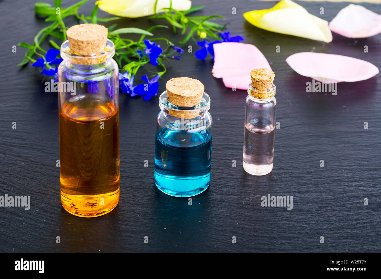 Three bottles of essential oil with fresh flowers on black background ...