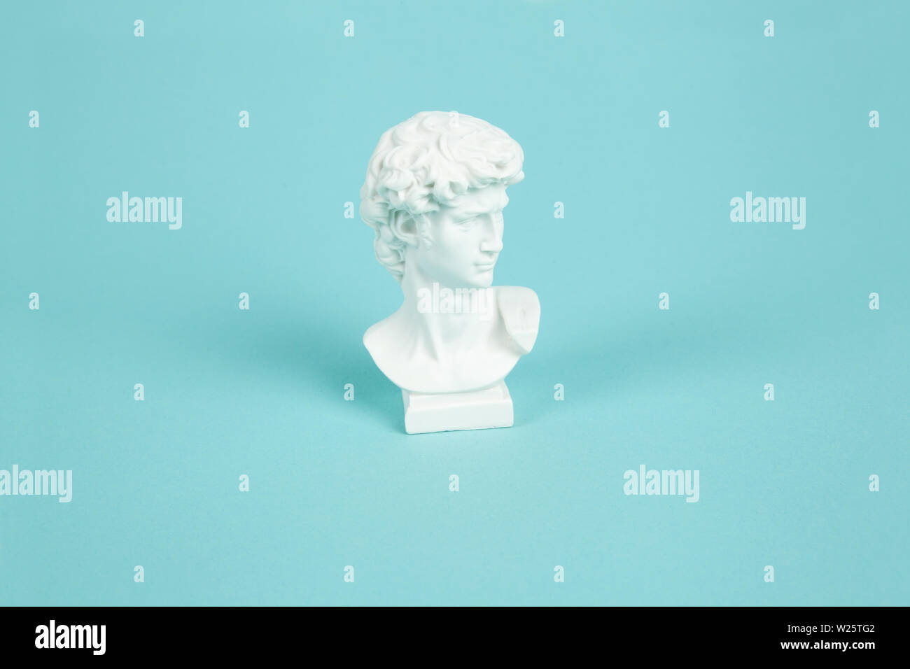 a white resin bust of David on a turquoise background. Summer ...
