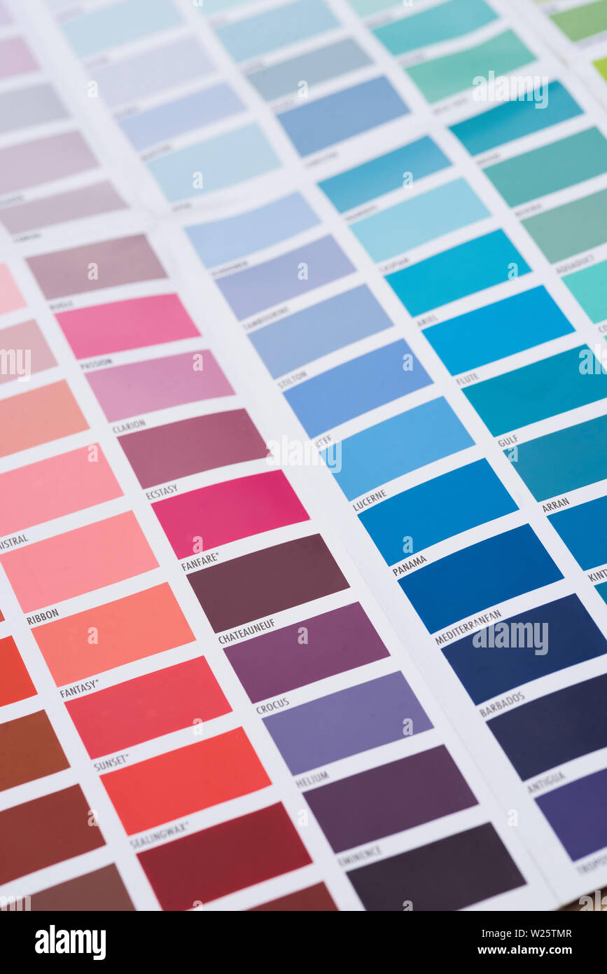 A close up of paint sample colour / color charts Stock Photo - Alamy