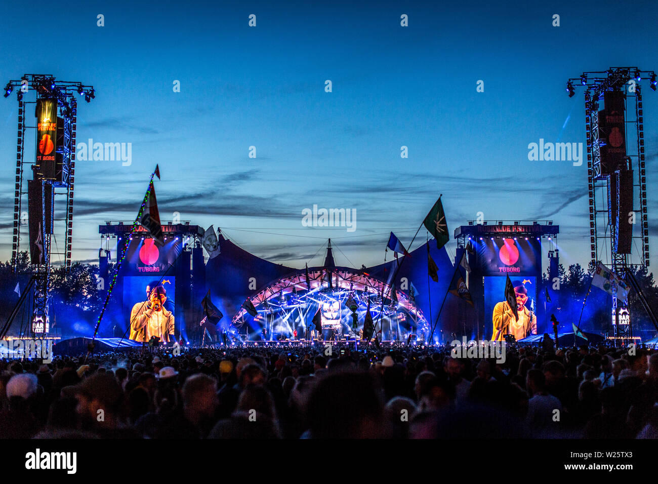 Roskilde, Denmark. July 05th, 2019. Impressive view over the stage area ...