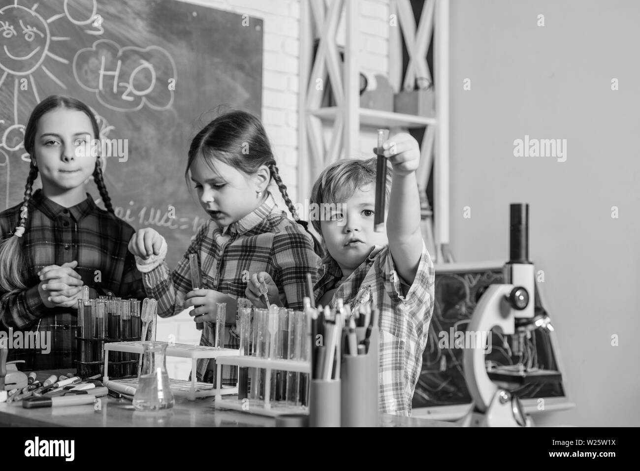 happy children use tubes. back to school. biology education. Microscope ...