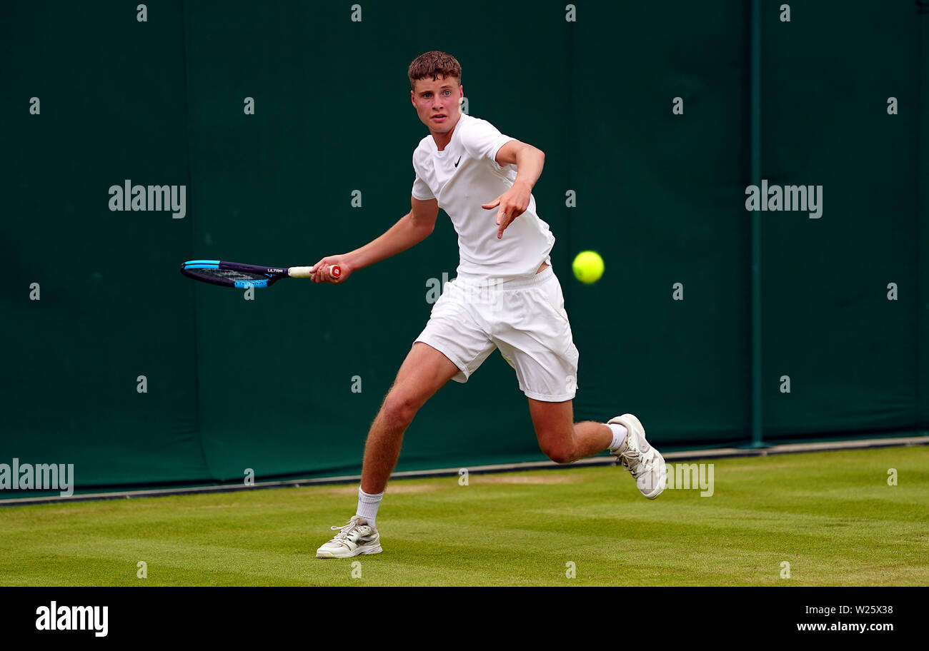 Toby Samuel in action in the Boys singles on day six of the Wimbledon ...