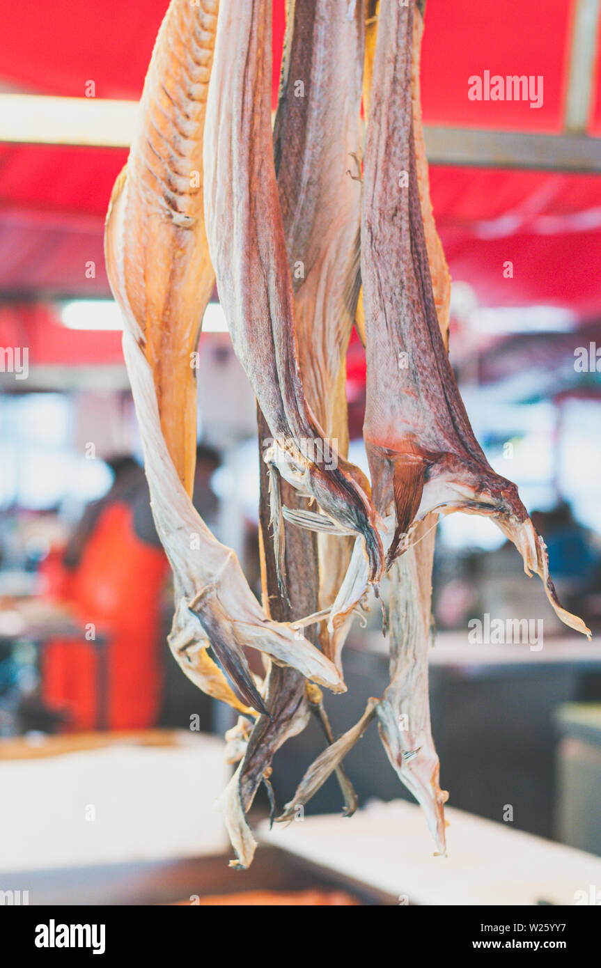 Four hanging dried Fish at Bergen Fish Market Bergen, Norway Stock ...