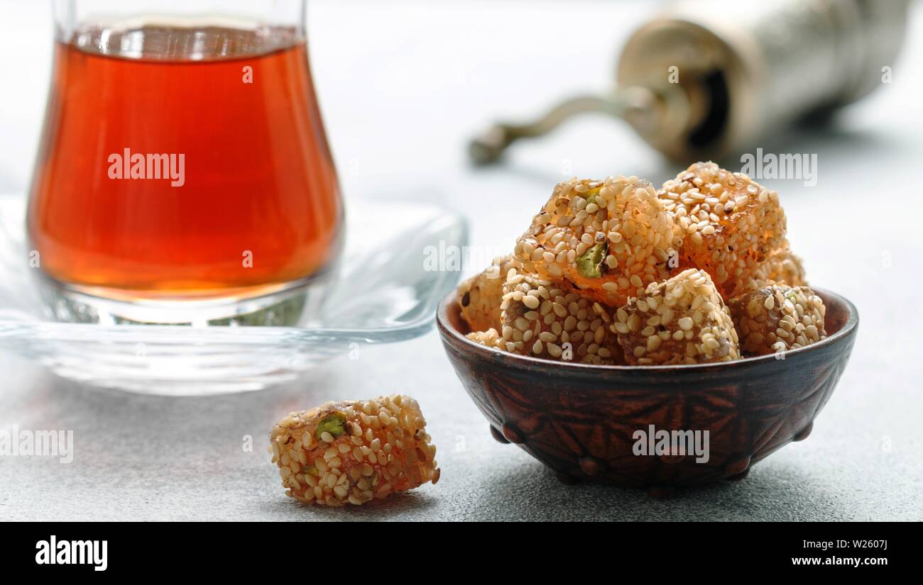Traditional Turkish delight. lokum. Oriental sweets with sesame and ...