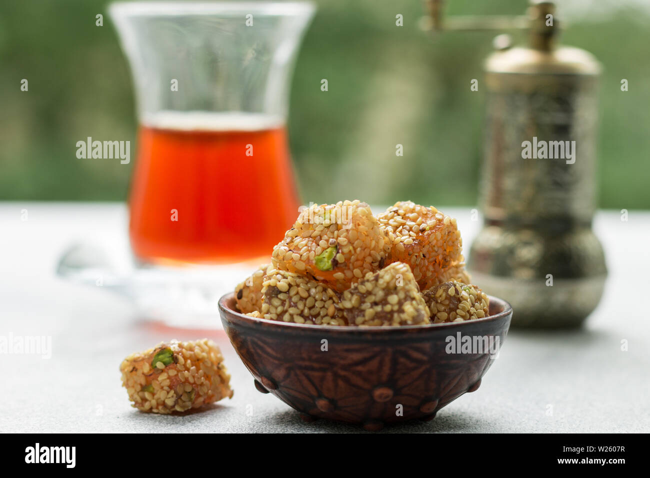 Traditional Turkish delight. lokum. Oriental sweets with sesame and ...