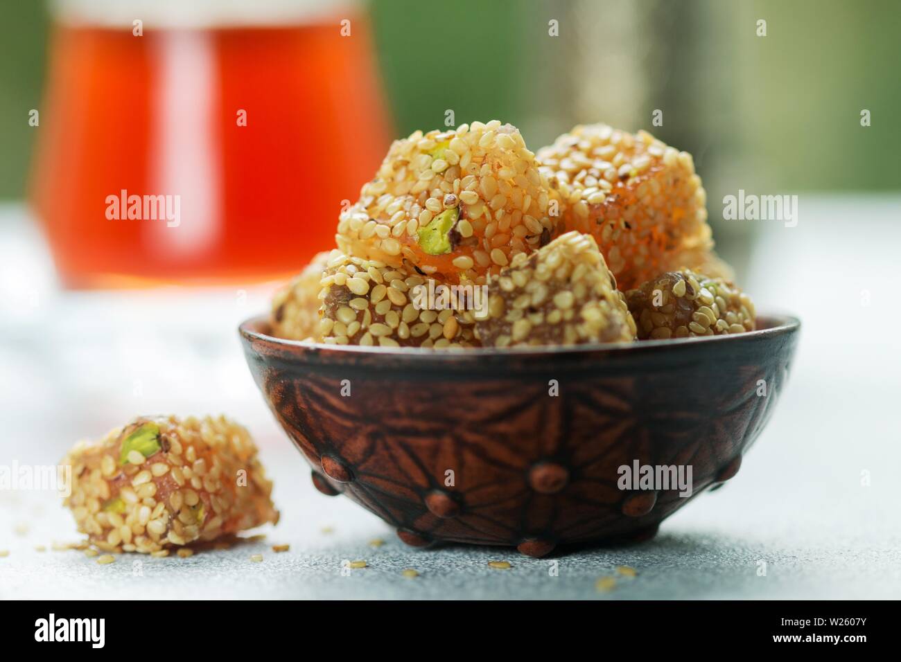Traditional Turkish delight. lokum. Oriental sweets with sesame and ...