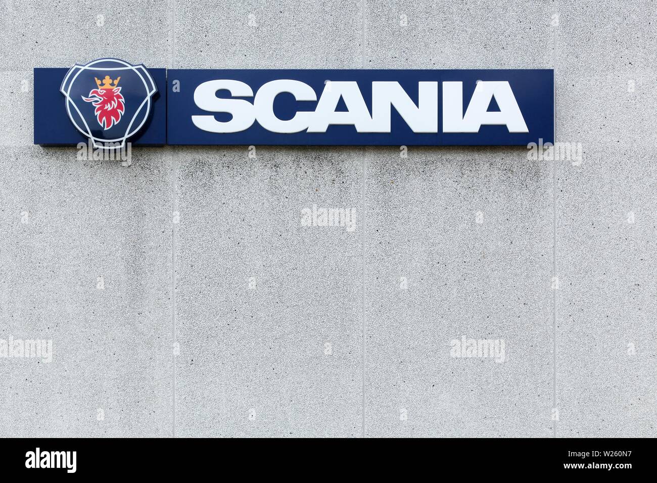 Horsens, Denmark - July 4, 2015: Scania sign on a wall. Scania is a ...