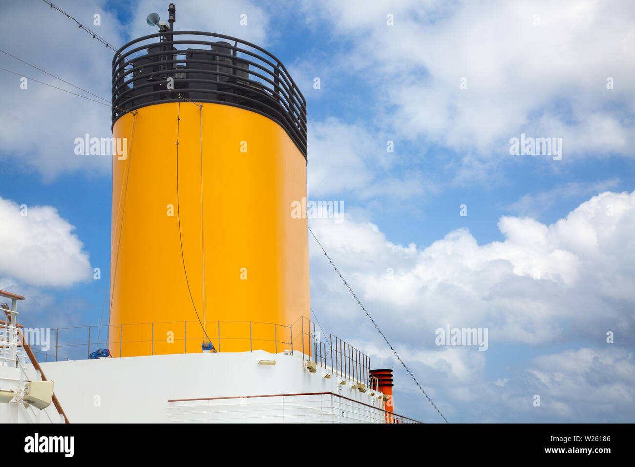 Navigation equipment and masts of cruise ship decorated with flags ...
