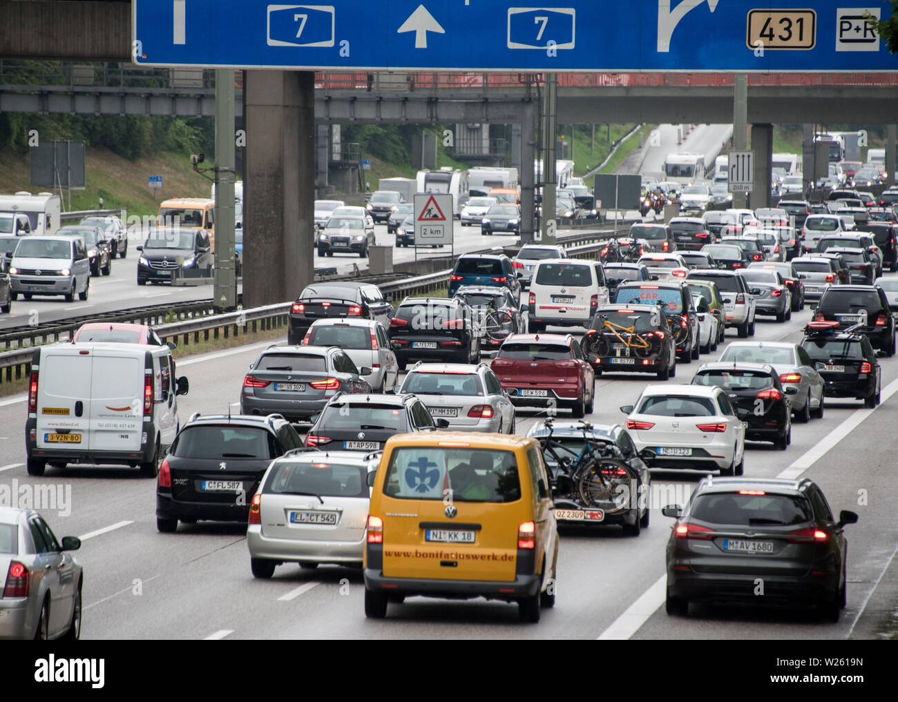 Hamburg, Germany. 06th July, 2019. Traffic jams on the Autobahn 7 near ...