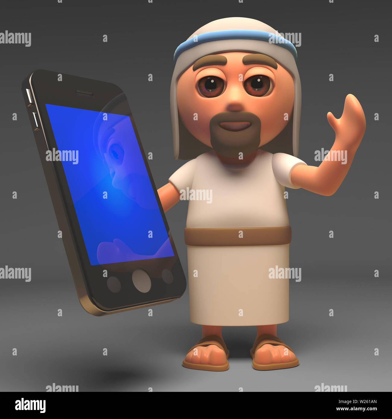 Technological Jesus Christ using a smartphone tablet device, 3d ...