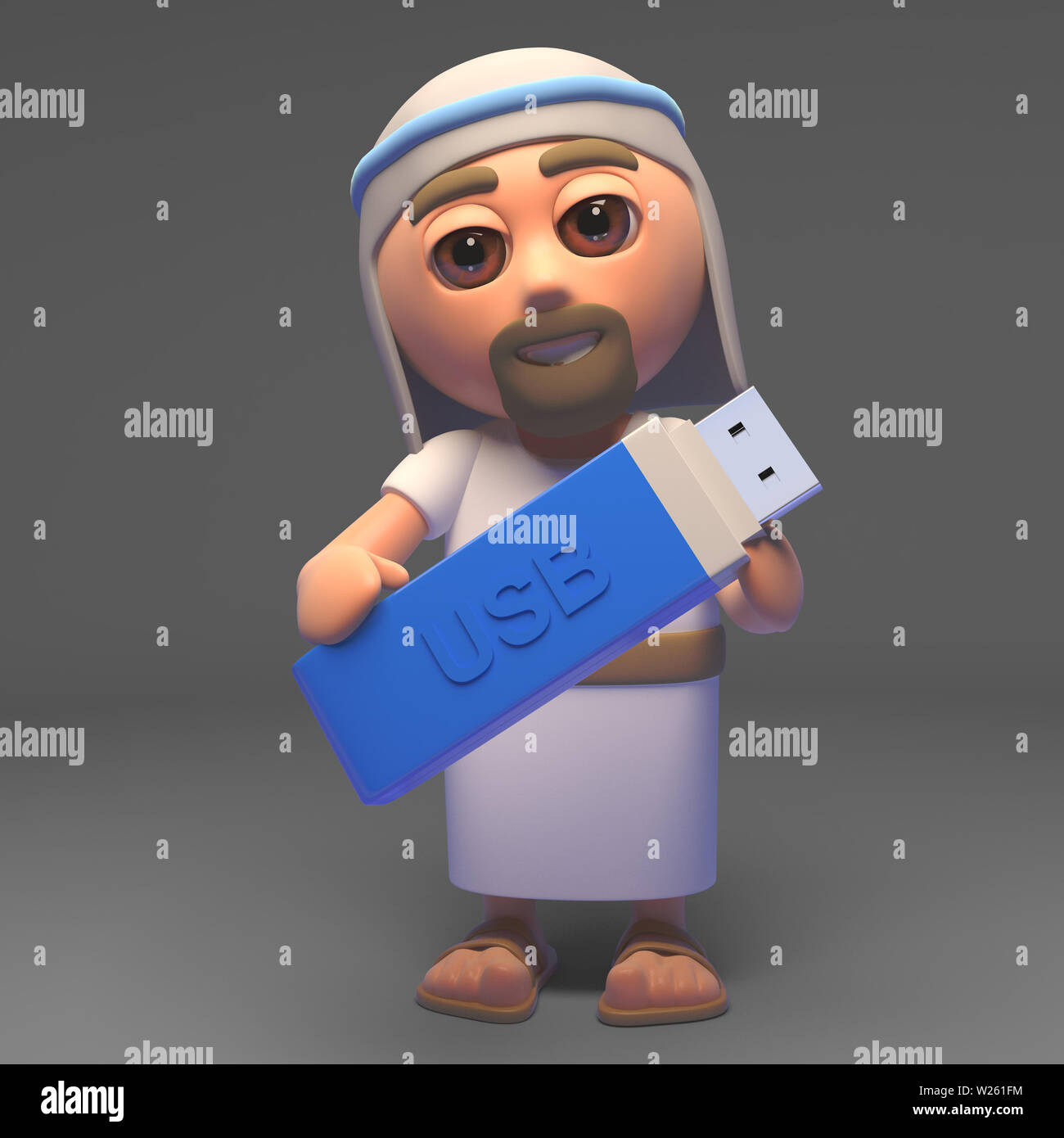 Technological Jesus Christ holding a usb thumb drive, 3d illustration ...